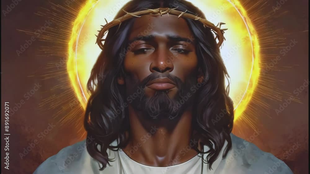 black Jesus Christ face portrait with halo and light rays isolated ...