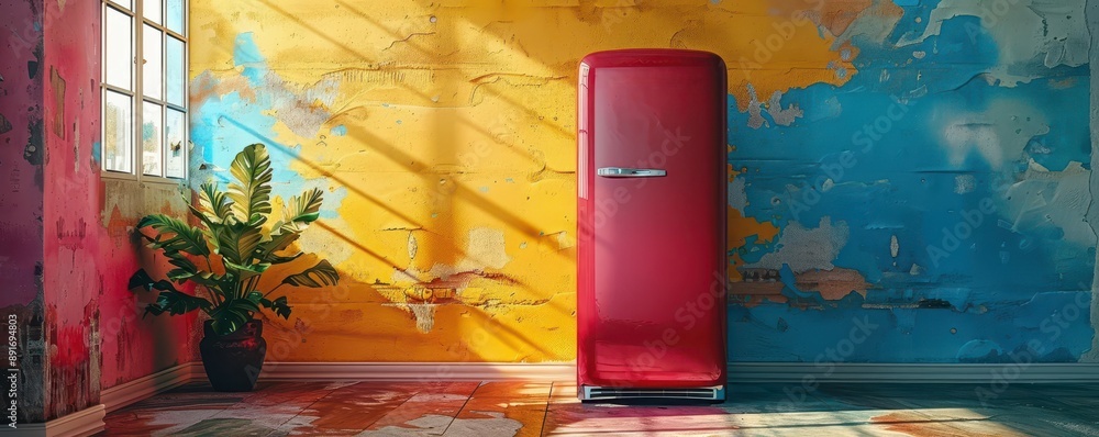 Bright and colorful kitchen interior featuring a vibrant red fridge ...