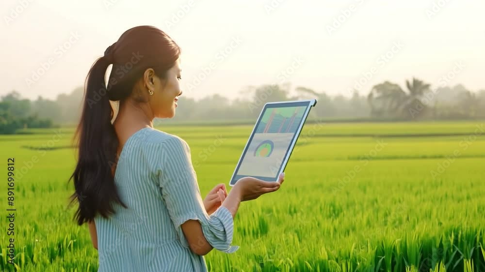A woman investigating the evolution of rice types in a rice field using ...