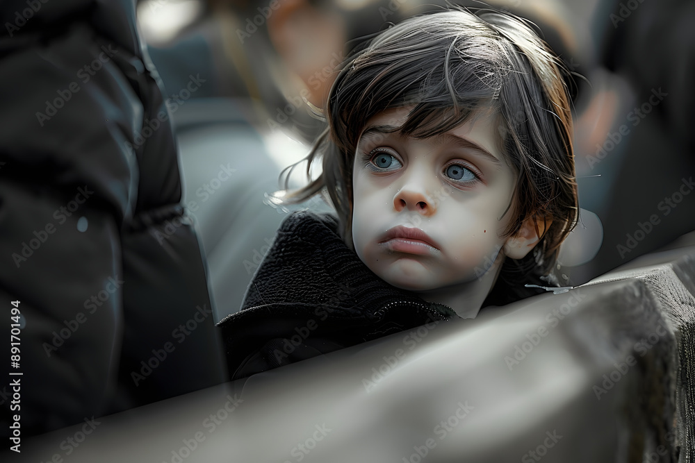 Sad child at funeral in graveyard. Coffin at cemetery for death ...