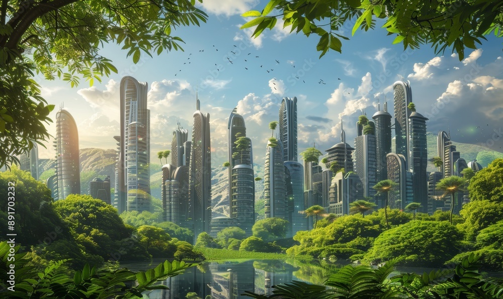 Futuristic Sustainable Cityscape: Eco-friendly Glass Skyscrapers and ...