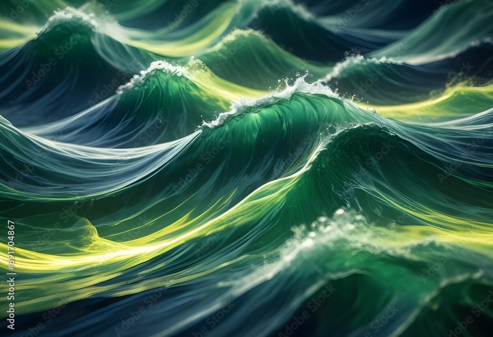 Vibrant green energy pulses outward in ocean sea waves, with ...