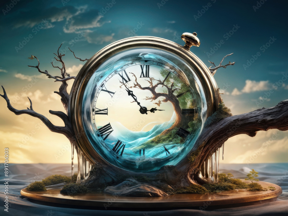 Time Unbound: A Melting Clock Drips Over a Branch in a Dreamy Landscape ...