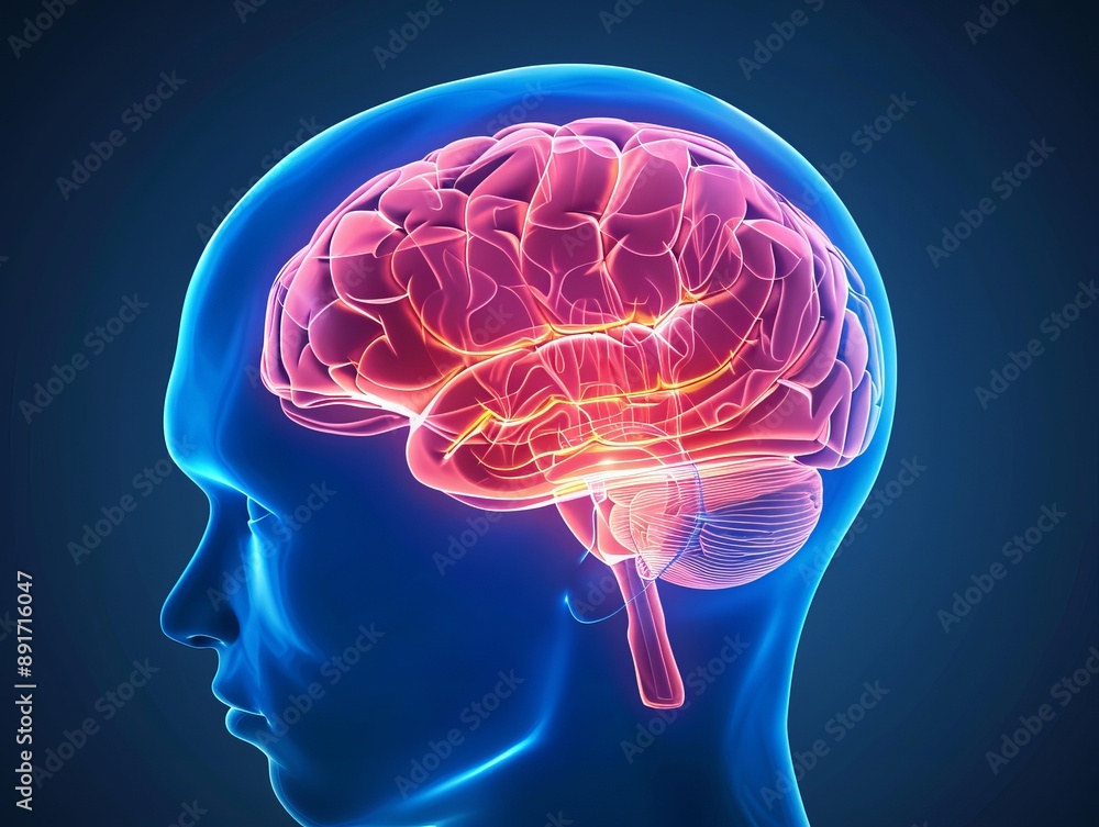 Human brain anatomy illustration with detailed view of cerebral cortex ...