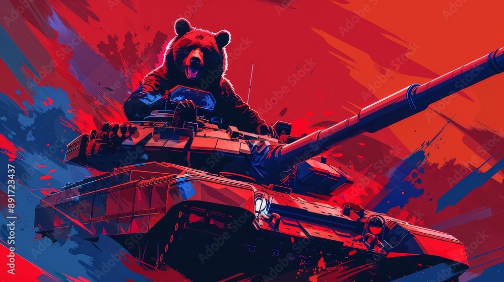 A resolute Russian bear confidently operates a state-of-the-art tank ...