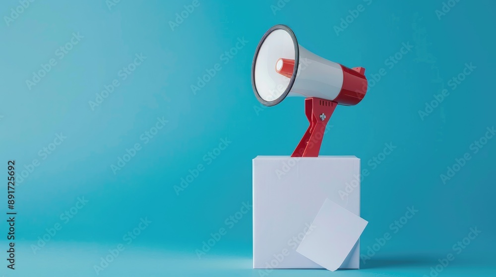 Loudspeaker and blank paper with a tick in the ballot box, representing ...