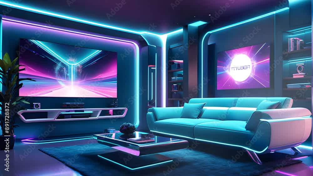 Animated virtual background with cozy futuristic cyberpunk living room ...