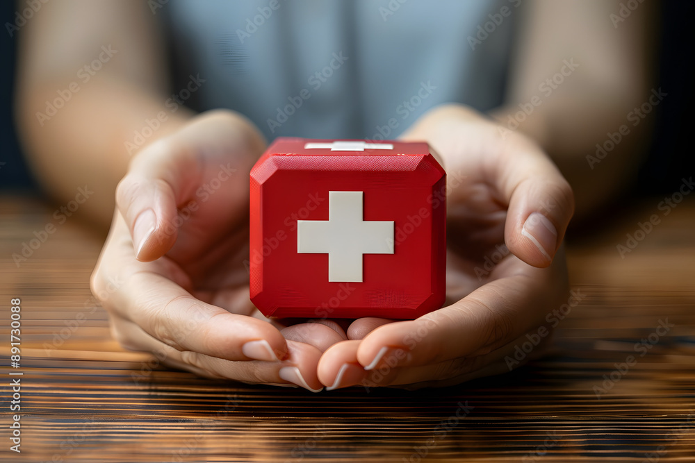Adult First Aid Kit with Red Cube and Wooden Cross, Symbol of Health ...