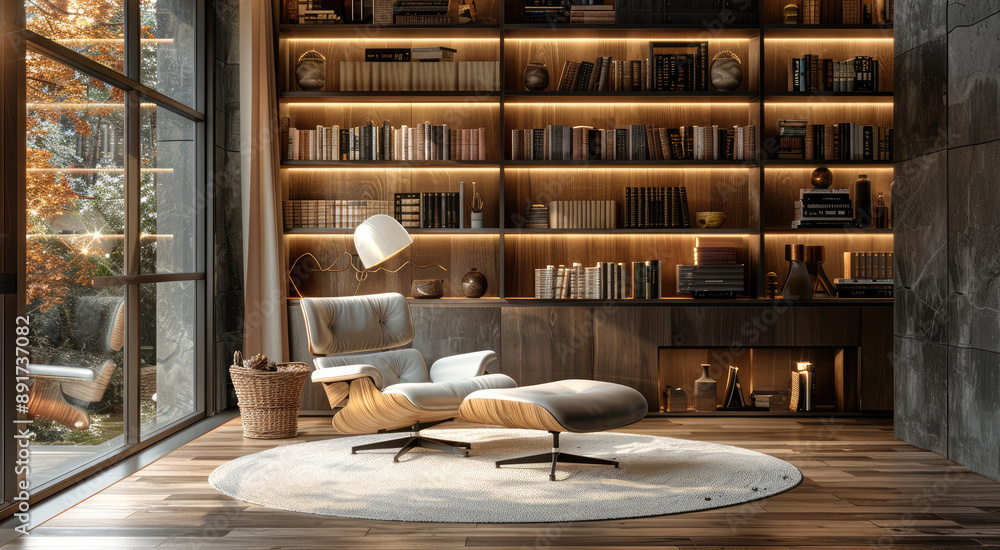 A modern reading room with wooden shelves, a recliner, and a large ...