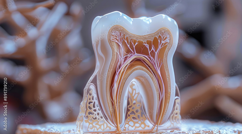 Model of a central incisor tooth, a transparent surface that shows the ...