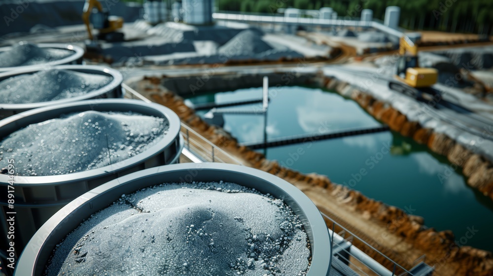 An aerial view of a wetland mining area, with machinery and water ...