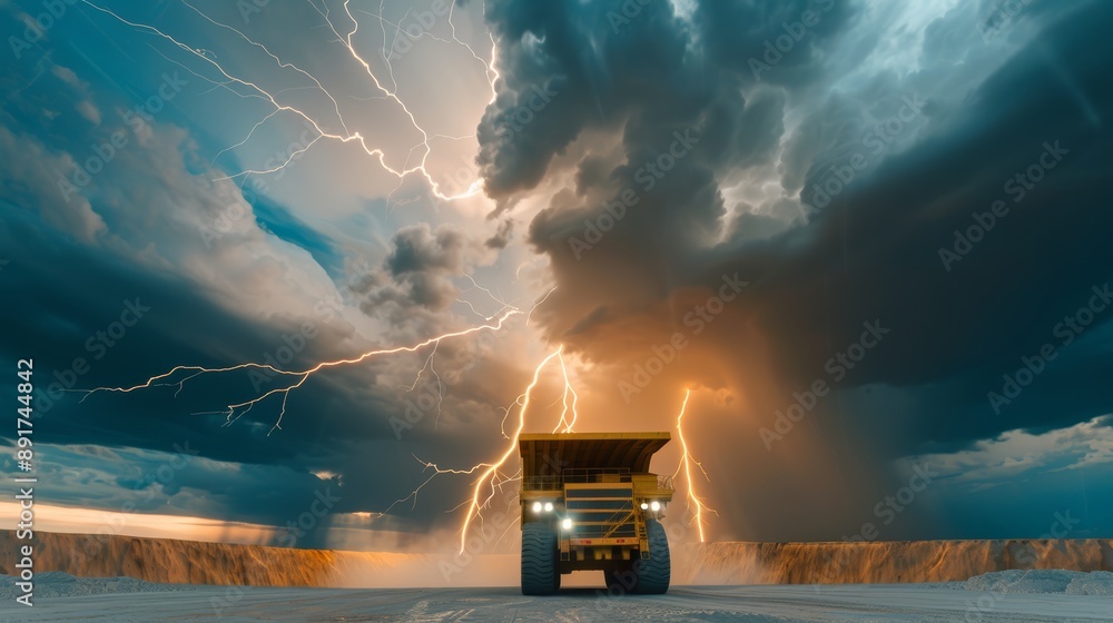 An open-pit mine during a thunderstorm, with dramatic clouds and ...