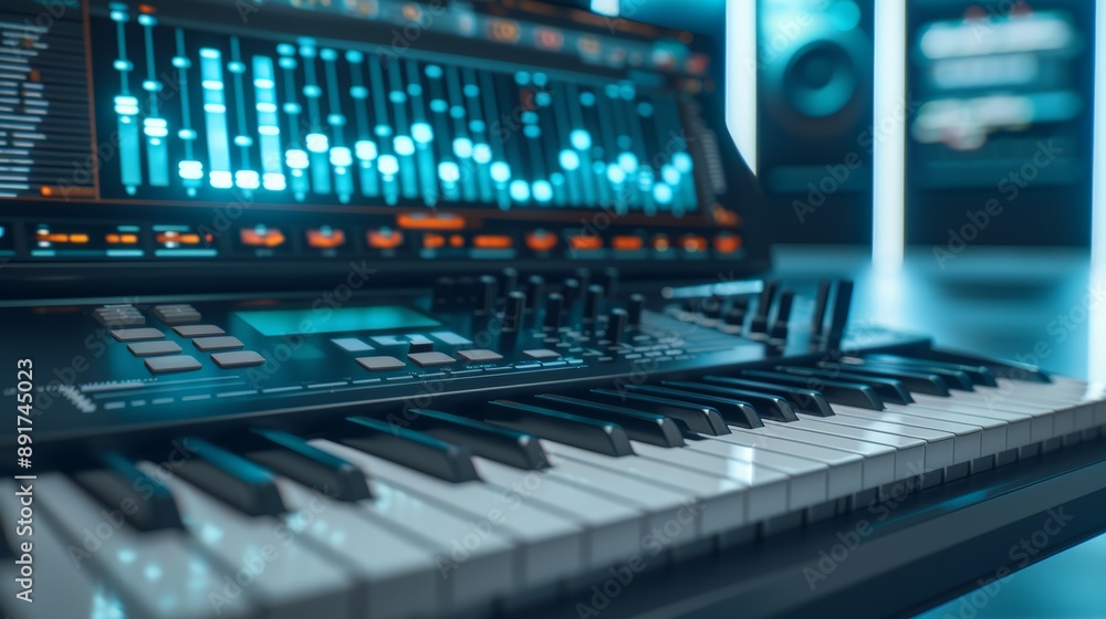 Digital 3D music studio with interactive holograms, 3D background music ...