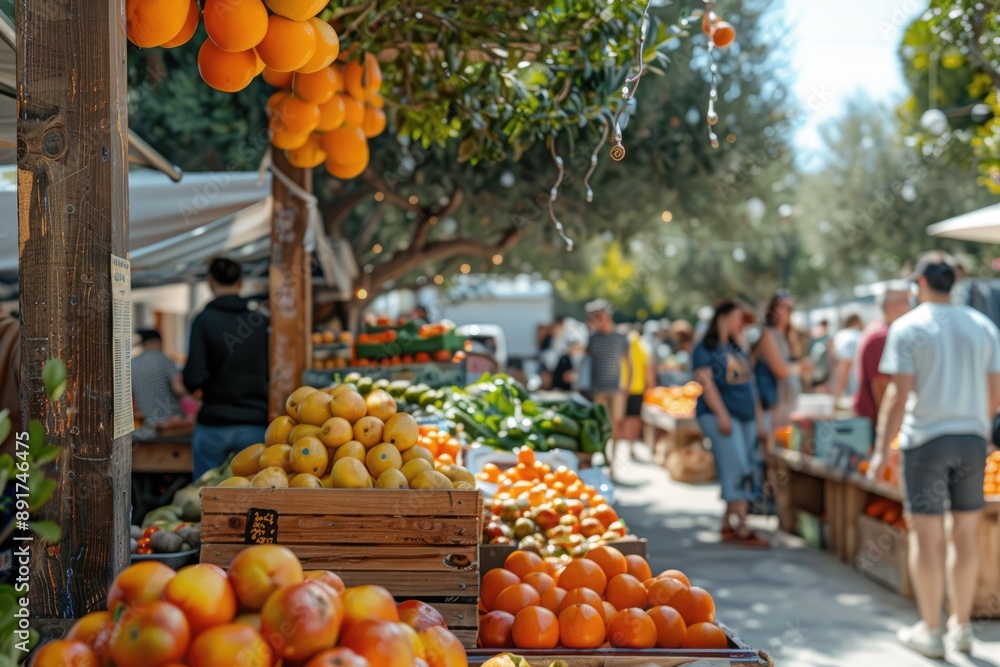 The bustling street market features stalls filled with fresh fruits and ...