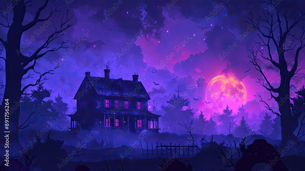 Eerie haunted house under a purple night sky with a full moon and ...