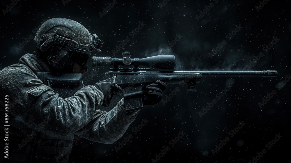 Soldier aiming a sniper rifle in a snowy environment, with steam rising ...