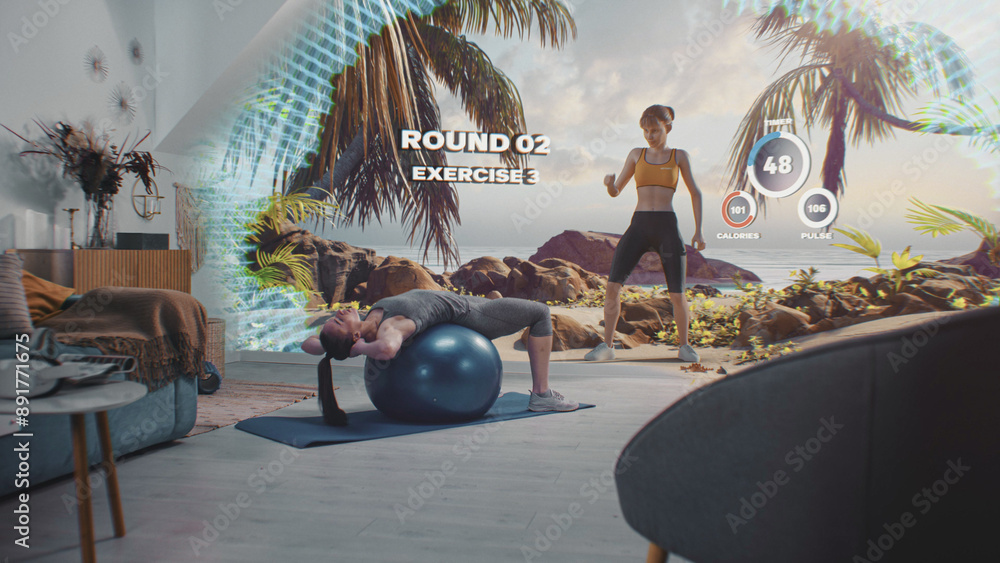 Female athlete exercises with fitball. VR screen with displayed virtual ...