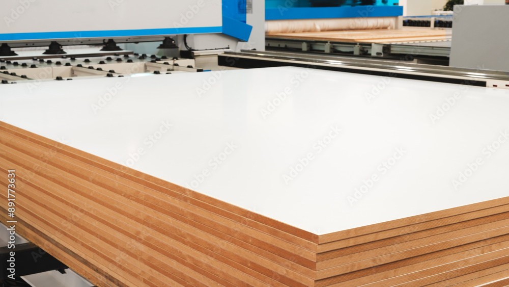 A stack of wooden boards Chipboard are being cut by a machine. The ...