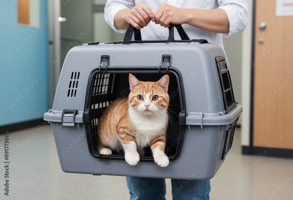 A person carrying a cat in a pet carrier, taking it to the vet. Stock ...
