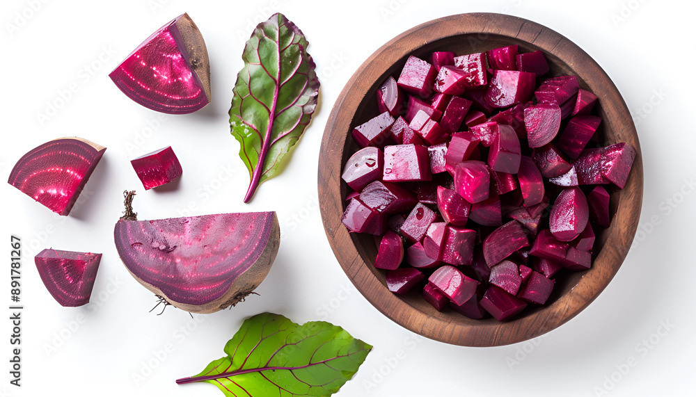 beetroot diced in wooden bowl isolated on white background with ...