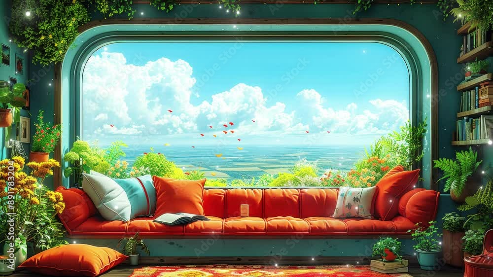 Cozy Window Seat with Tranquil Landscape peaceful nook animated ...
