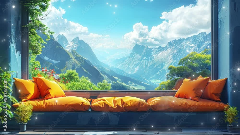 Vidéo Stock Cozy Window Seat with Tranquil Landscape comfortable spot ...