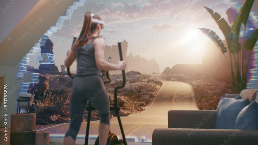 Female athlete wearing virtual reality headset trains on orbitrek ...