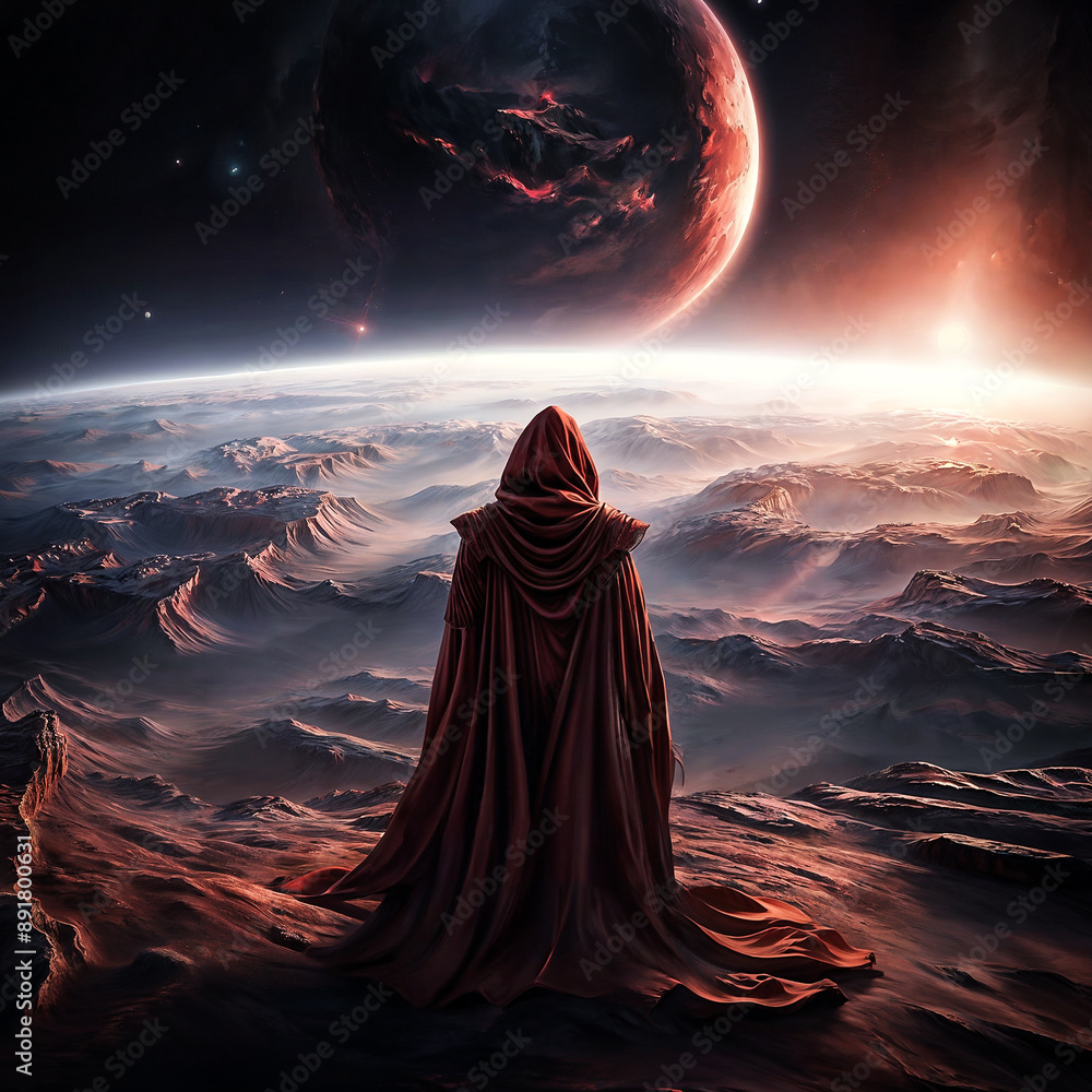 a mysterious cloaked figure standing on top of a hill in a desert ...