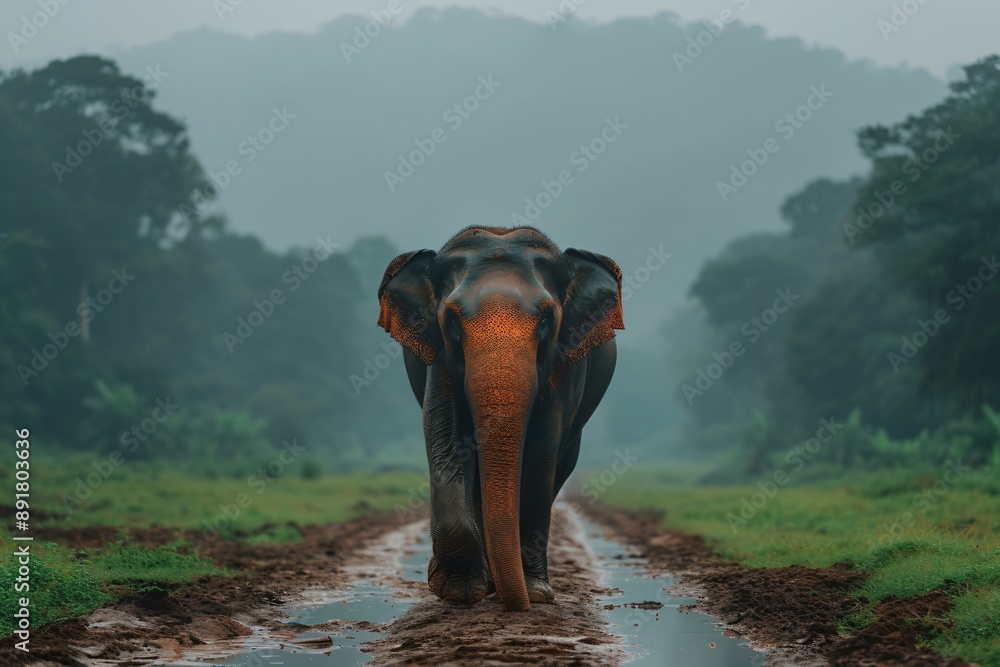 Majestic elephant on forest path with rain. Wildlife and jungle ...