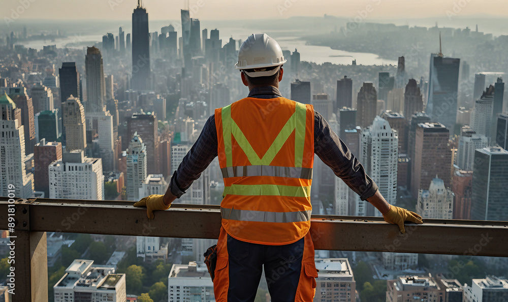 Professional Construction Worker in Orange Safety Vest and Helmet ...
