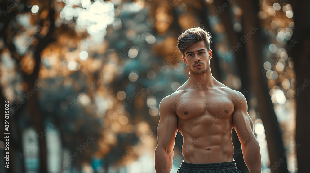 Fit youthful male model with big muscular arms, posing outdoors in a ...