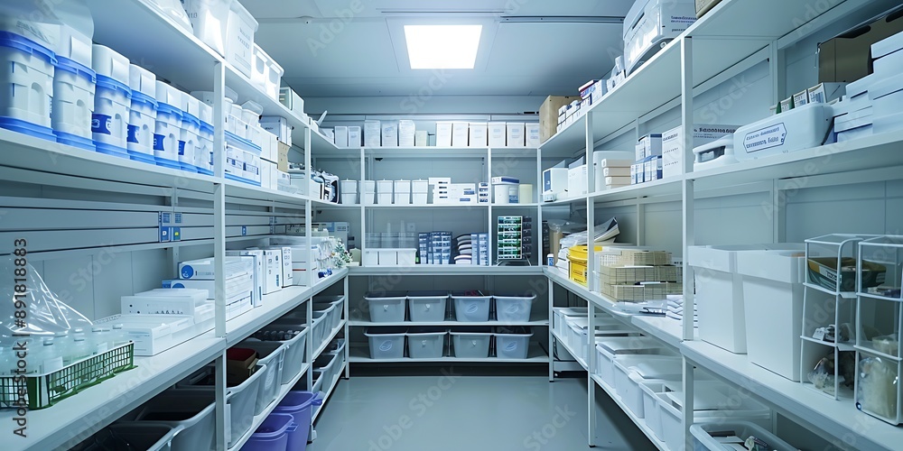 Sterile medical supply room, with organized shelves and disinfected ...
