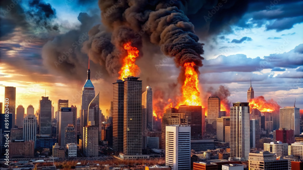 A massive apocalyptic fire tornado engulfs a sprawling urban cityscape ...