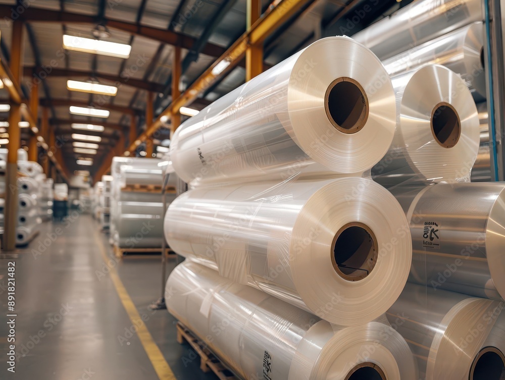 Rolls of polyethylene sheets stacked neatly in a warehouse, showcasing ...