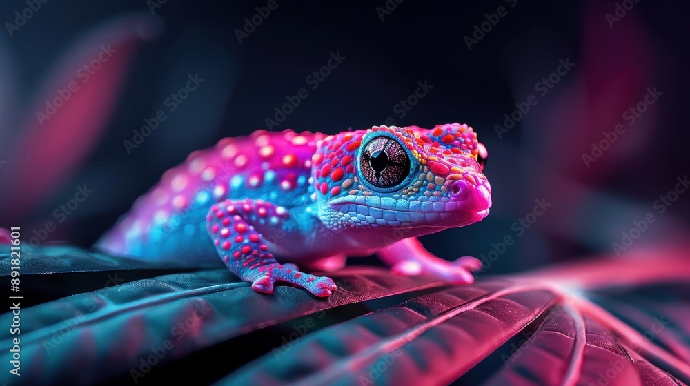 Creative compositions of neon reptiles and amphibians against black ...