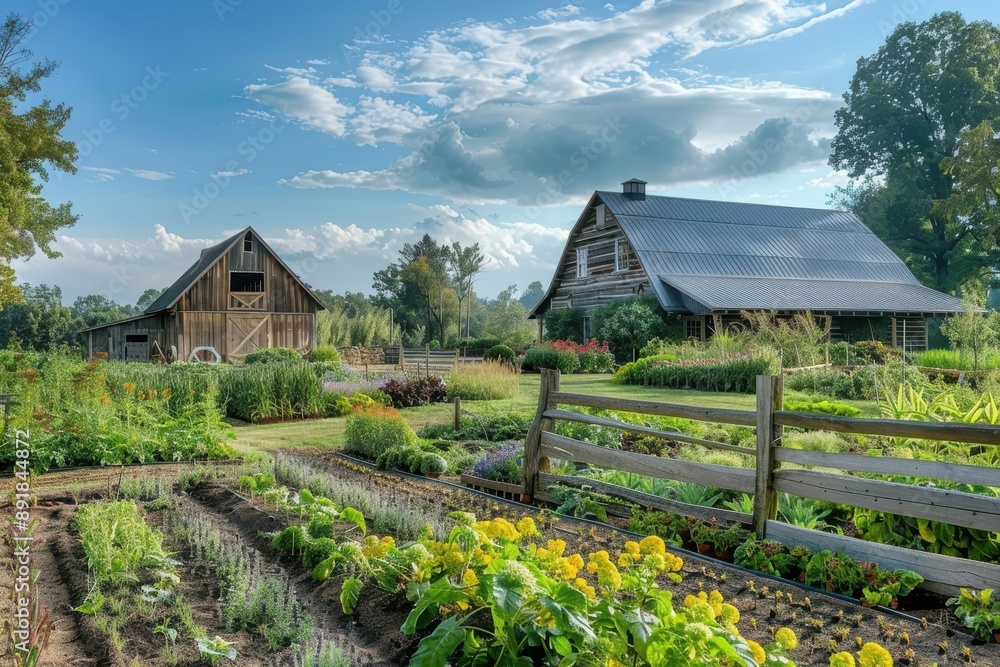 Foto de Sustainable homestead with farmhouse, barn, and veggie plots ...