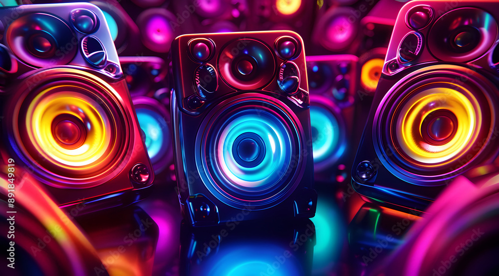 Eye-catching speakers with pulsating sound waves in a spectrum of neon ...