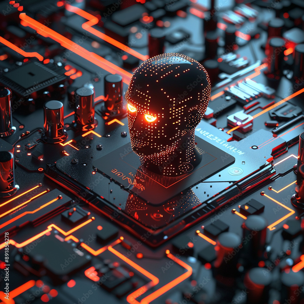 red malware software coding artificial intelligence AI robot chip ...