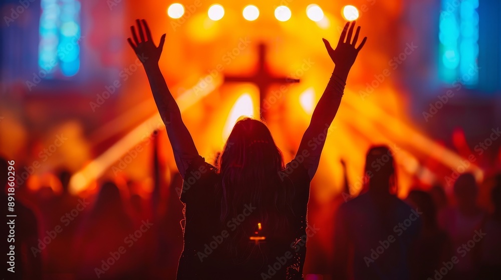 Passionate Christian praising with hands raised towards the cross and ...