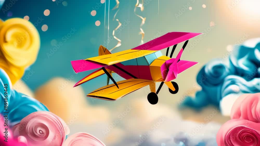 Toy paper airplane toy airplane flying through a dreamy pastel sky with ...