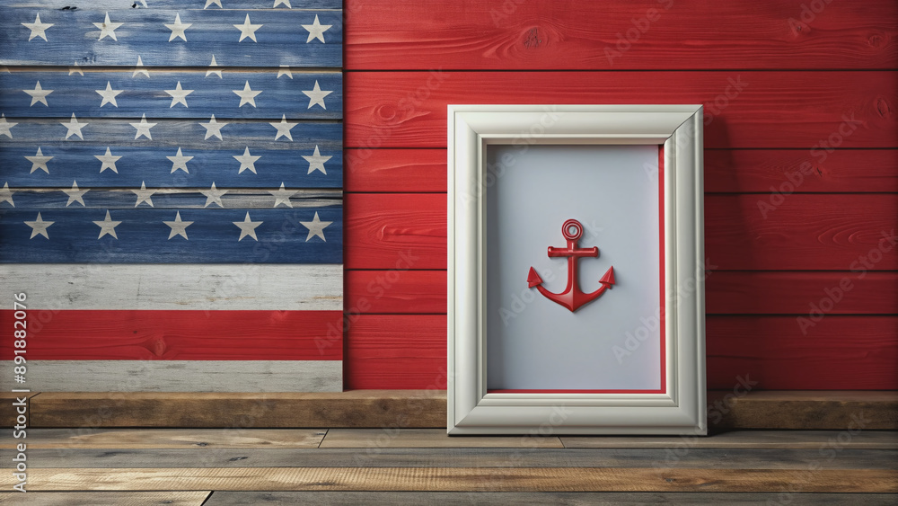 Vibrant red and white vertical frame proudly displays a iconic naval ...
