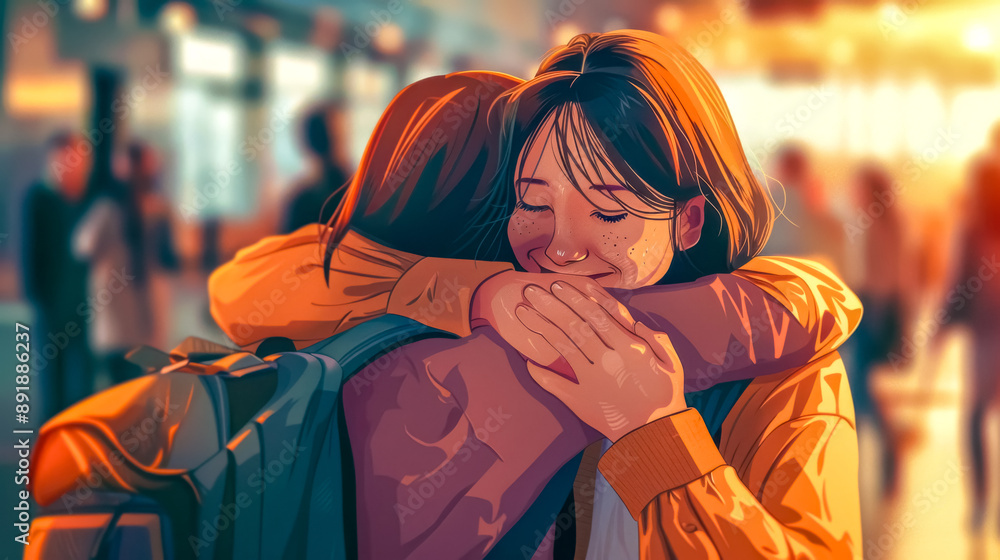 Two young women are hugging goodbye in a busy airport terminal Stock ...