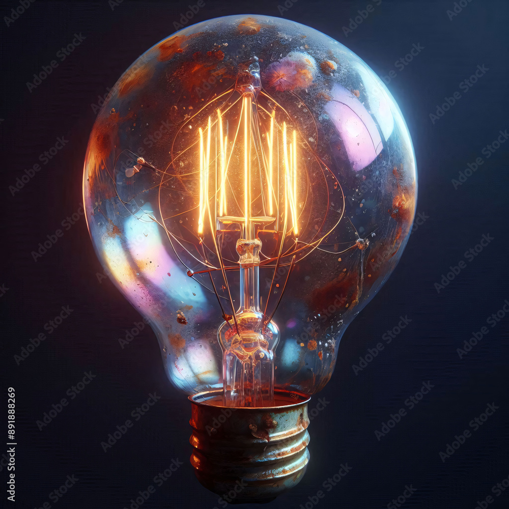 Incandescent light bulb with tungsten filaments on dark background ...