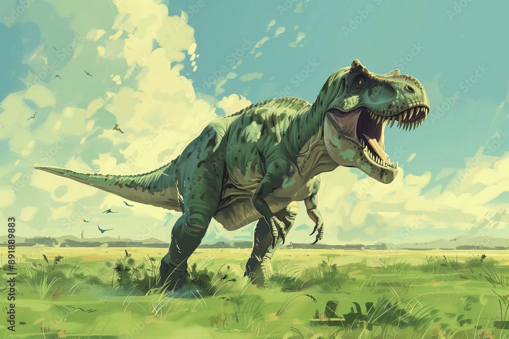 Tyrannosaurus rex fierce dinosaur stalking prey in a prehistoric field ...