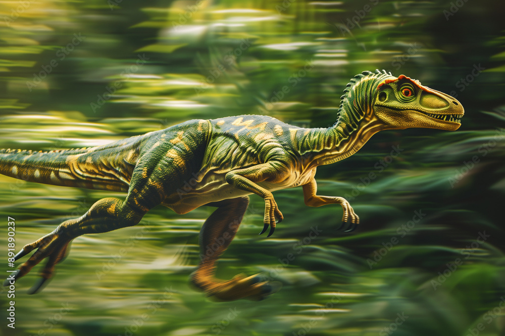 Velociraptor running swiftly while hunting in its prehistoric forest ...