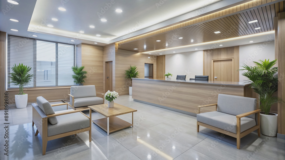 A modern medical clinic reception area with a desk, chair, and empty ...