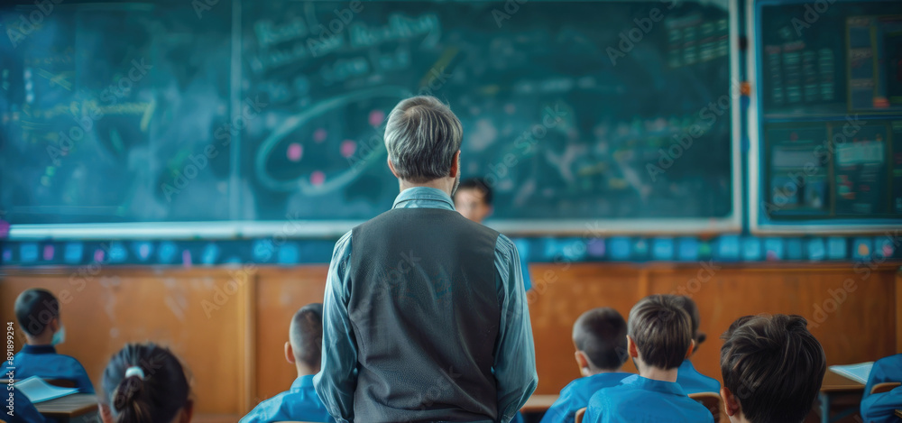 Teacher standing in front of class with students facing blackboard ...