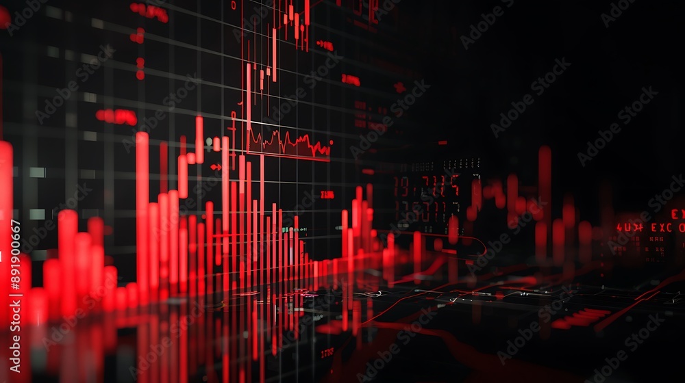 Dystopian black background with a towering red stock market graph and a ...