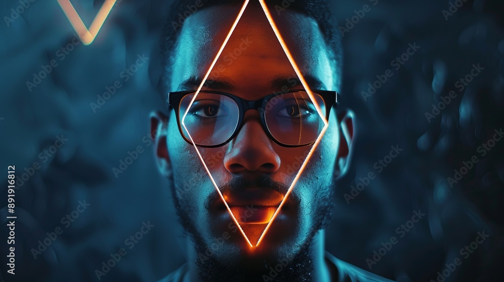In a dark room, a person grips two neon lights forming a glowing 'V ...