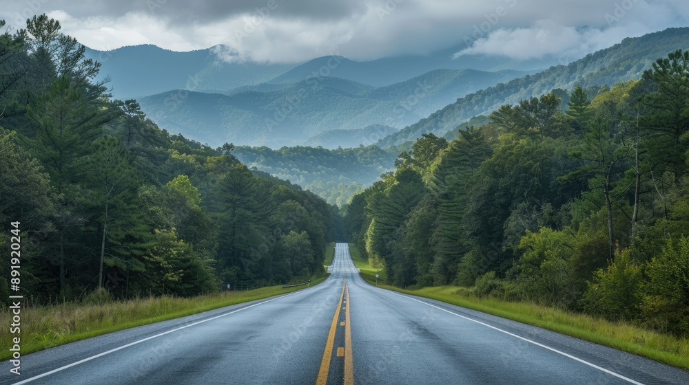 Long, straight road leading to the Great Smoky Mountains National Park ...